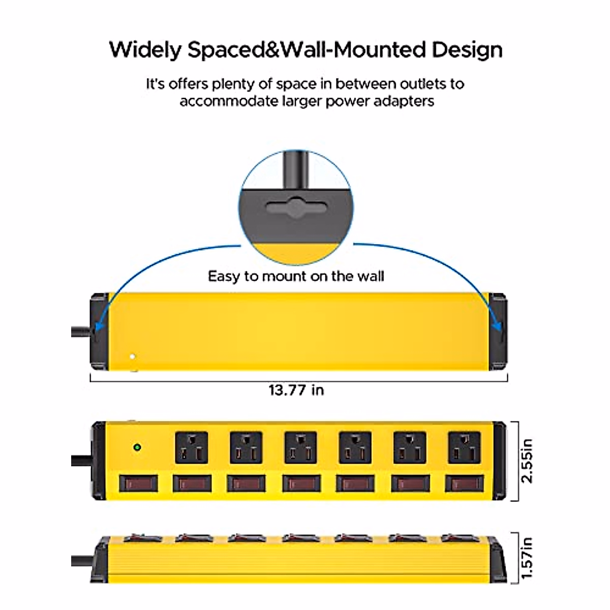 CRST 6-Outlet Heavy Duty Metal Power Strip with Individual Switches and Flat Plug, 15AMP/1875W Surge Protector (1200 Joules), 6-Feet 14AWG Cord with Hook and Loop Fastener