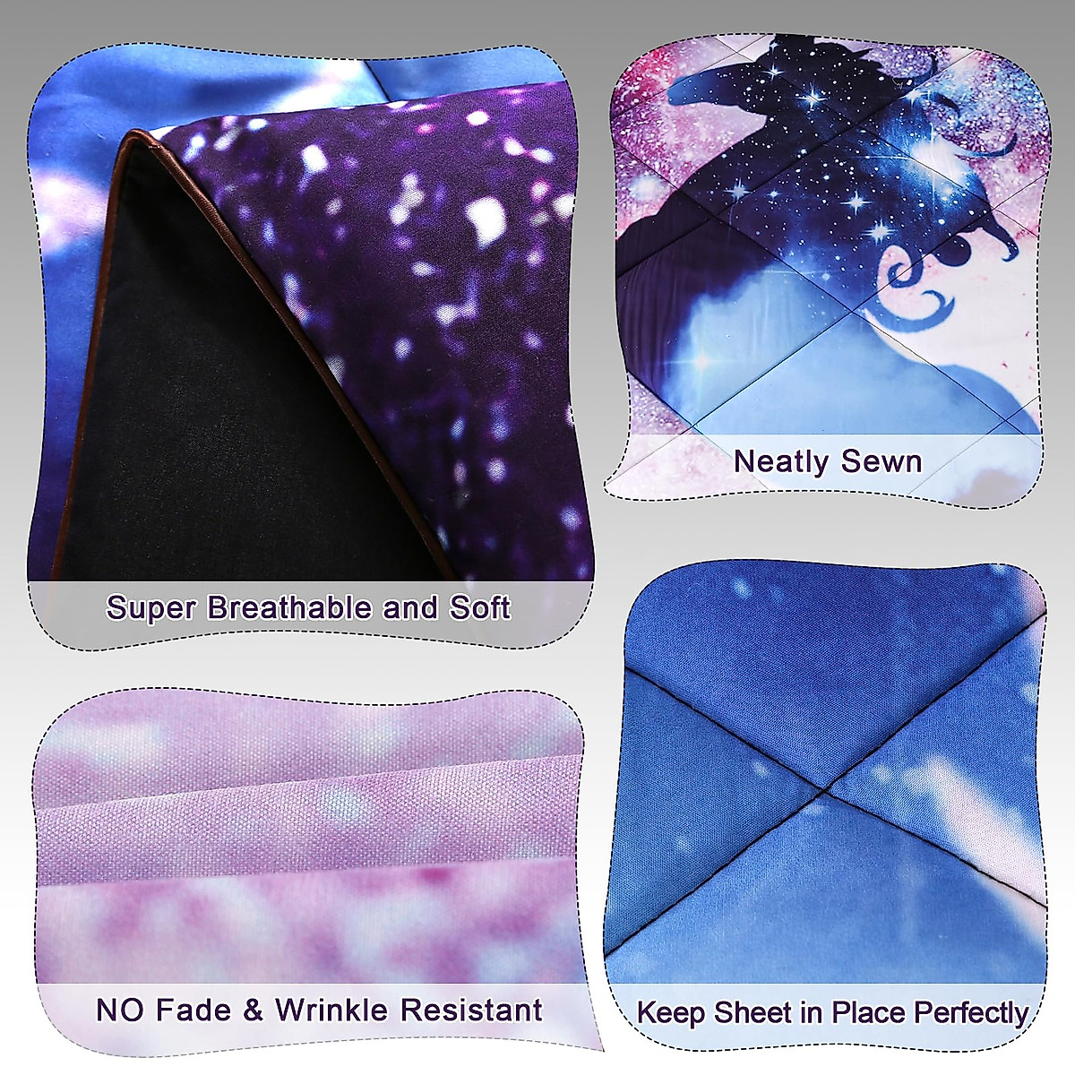 Wowelife Unicorn Twin Comforter Set for Girls 5 Pieces Blue Galaxy Bedding Set Unicorn Bed Set Twin Size Kids Bed in a Bag with Comforter, Flat Sheet, Fitted Sheet and 2 Pillowcases