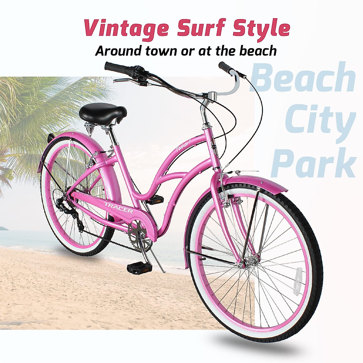 Tracer TAHA Beach Cruiser Bike for Women,26 Inch Wheels,Hi Ten Steel Frame,Shimano 7 Speed,Disc Brake,Hybrid Bike for Adults,Complete Cruiser Bikes,Pink