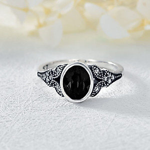 925 Sterling Silver Retro Vintage Oxidized Band Statement Ring with 8*6 mm Oval Simulated Birthstone Crystal, Anniversary Wedding Engagement Jewelry Gifts for Women Wife, Crystal, crystal
