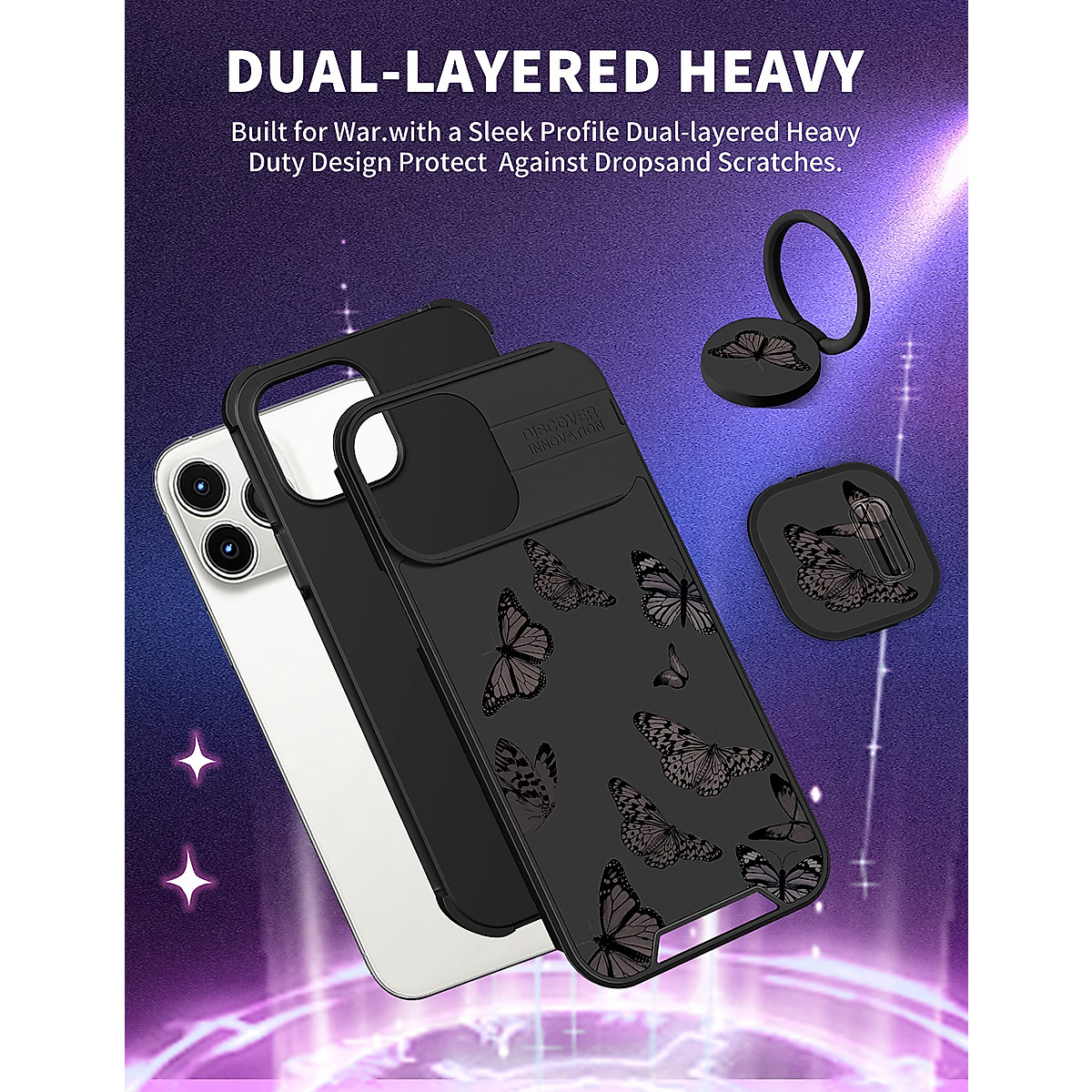 Goocrux (2in1 for iPhone 13 Pro Max Case for Women Butterfly Girls Girly Phone Cover Cute Black Butterflies Unique Design with Slide Camera Cover+Ring Holder Fashion Cases for Apple 13 Pro Max 6.7''