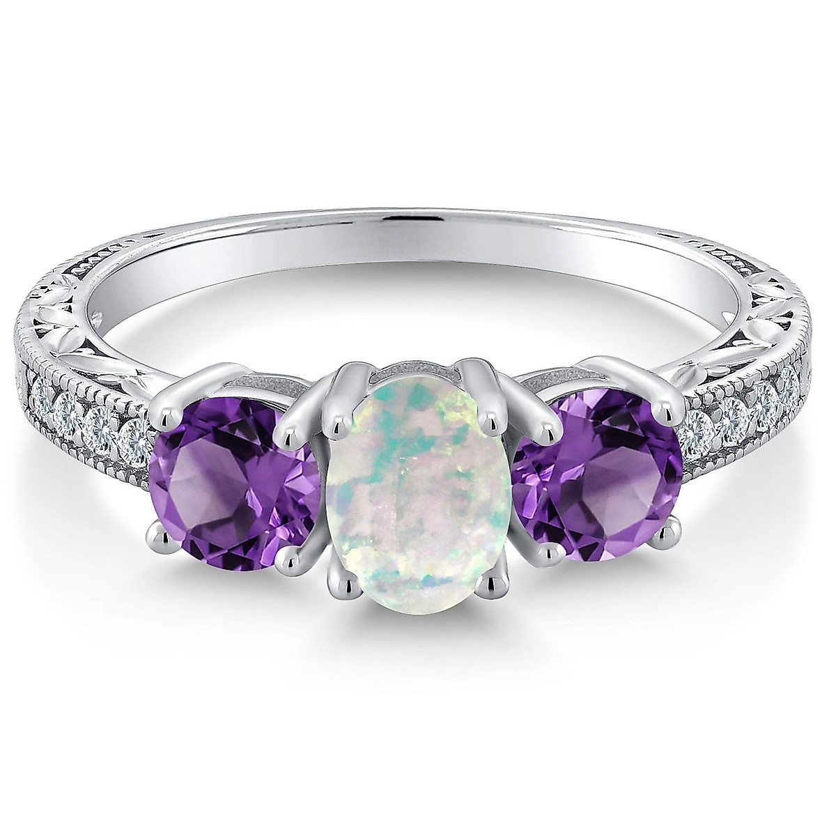Gem Stone King 925 Sterling Silver Oval Cabochon White Simulated Opal and Purple Amethyst Ring For Women (1.65 Cttw, Gemstone Birthstone, Available In Size 5, 6, 7, 8, 9)