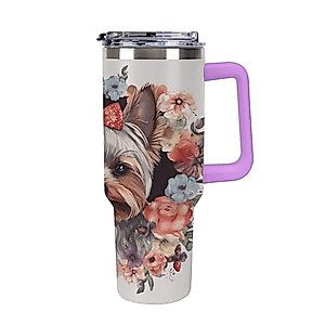 WYUSPGK 40oz Stainless Steel Car Mug, Yorkie Floral Print Travel Mug, Double-Wall Insulated with Straw, Perfect for Car, Office, Outdoor