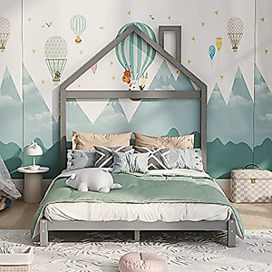 Oudiec Full Size Wood Platform Bed with House-Shaped Headboard,Wooden Bedframe for Boys/Girls/Teens/Kids Bedroom, No Box Spring Required, Gray