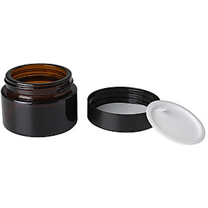 OverNews 2oz Amber Glass Jar, Empty Cosmetic Lotion Containers for Creams, Candle, Food Storage with Inner Liners,Black Lid, Spatula (1PCS)