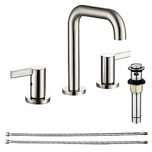 RKF Bathroom Faucets for Sink 3 Hole Brushed Nickel 8 inch Widespread Bathroom Sink Faucet with Drain Double Lever Handle Faucet Bathroom Vanity Faucet Basin Mixer Tap Faucet with Hose&Deck CWF028-BN