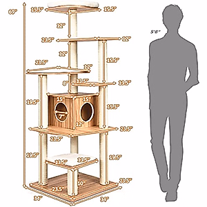 Tangkula Modern Wood Cat Tree, 69-Inch Cat Tower with Multi-Layer Platform, Tall Cat Tree with Sisal Rope Scratching Posts, Cat Condo Furniture w/Washable Plush Cushions for Large Cats Kittens