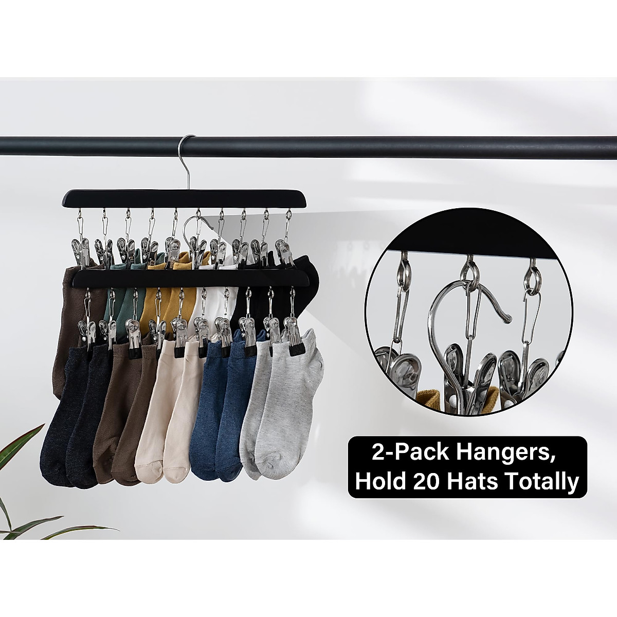 StorageWorks Hat Organizer, Hat Storage for Closet, Hat Racks for Baseball Caps, Set of 2 Cap Organizer with 10 Adjustable Stainless Steel Clips, Fits All Caps, Black