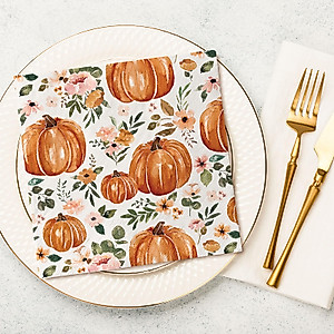 AnyDesign 80 Pack Fall Pumpkin Paper Napkins Watercolor Disposable Autumn Luncheon Napkins Boho Floral Pumpkin Dessert Dinner Hand Napkin for Thanksgiving Harvest Tea Party Supplies, 6.5 x 6.5 Inch