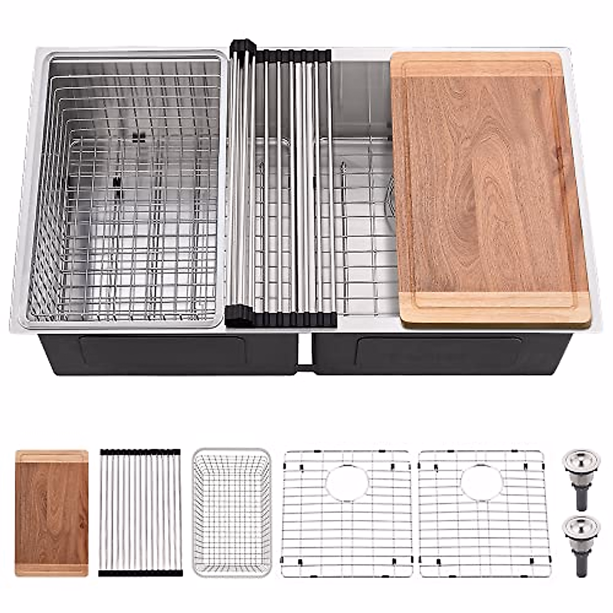 33 Undermount Kitchen Sink Double Bowl -VASOYO 33x19 Undermount Stainless Steel Kitchen Sink 16 Gauge Deep 50/50 Undermount Double Bowl Kitchen Sink with Cutting Board