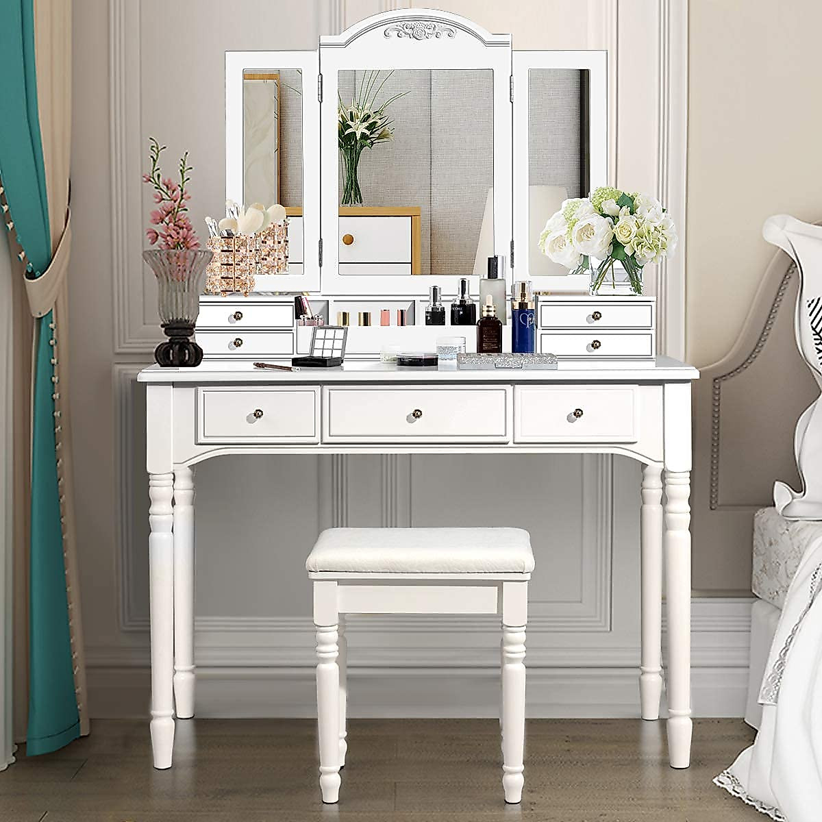 MAT EXPERT Vanity Desk Set with Mirror and 7 Drawers, Makeup Dressing Table w/Cushioned Stool, Dressing Table w/Partitioned Shelf, Modern Tri-Folding Mirror Vanities for Bedroom (White)