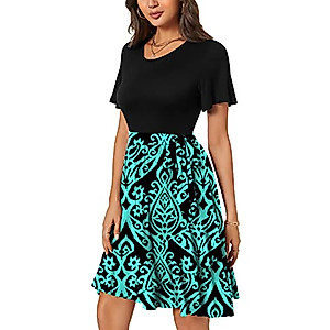 Aodemo Women's Summer Flutter Sleeves Empire Waist T-Shirt Dresses Patchwork Ruffle Hem Swing Tie Waist Dress L, Black/Fl Blue-Green