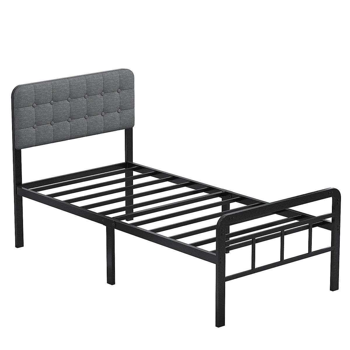EMODA 16 Inch Twin Size Bed Frames with Upholstered Headboard and Metal Footboard, Heavy Duty Metal Slats Support Mattress Foundation, No Box Spring Needed, Easy Assembly