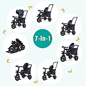 BABY JOY Toddler Tricycle, 7 in 1 Folding Steer Trike w/Rotatable Seat, Adjustable Canopy, Push Handle, Guardrail, Safety Harness, Brakes, Cup Holder & Storage, Tricycle for Toddlers Ages 1.5-5 (Blue)