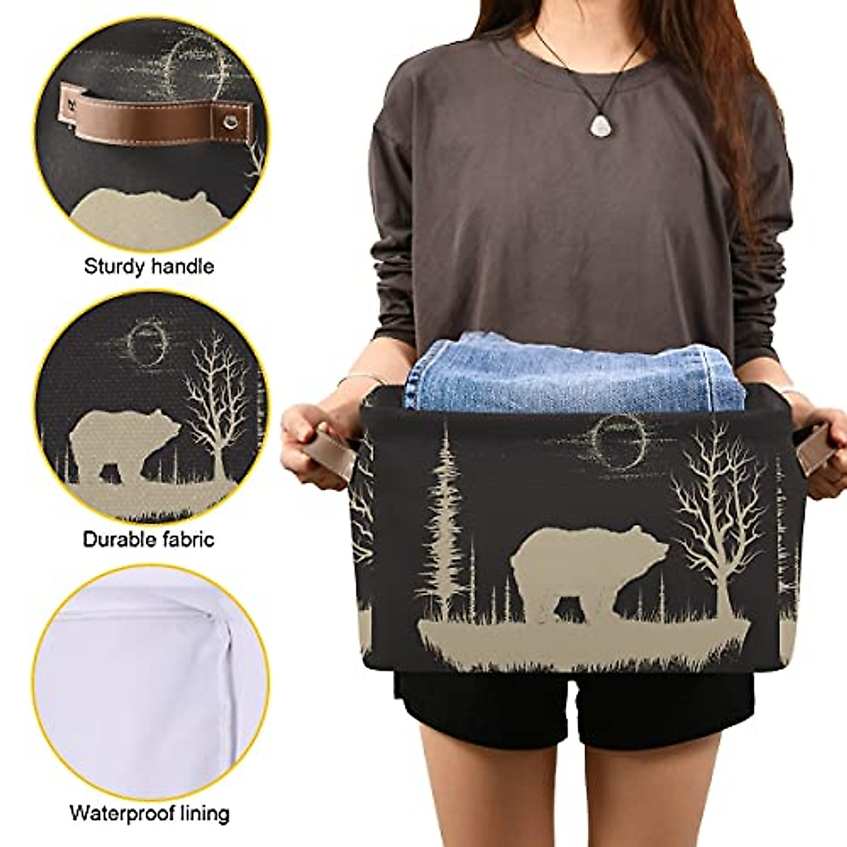 Animal Bear Forest Tree Storage Bins Basket, Moon Collapsible Storage Cube Rectangle Storage Box with Handles for Shelf Closet Nursery Bedroom Home Office 1 Pack