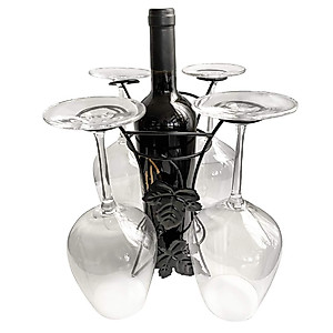 Lily's Home Wine Bottle and Glasses Rack. Counter or Table Top Free Standing Holder for One Wine Bottle and Four Glasses. Black