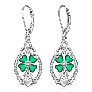 St Patricks Day Earrings Shamrock Earrings for Women Four Leaf Clover Sterling Silver Irish Celtic Claddagh Green Shamrock Dangle Lucky Jewelry Gifts