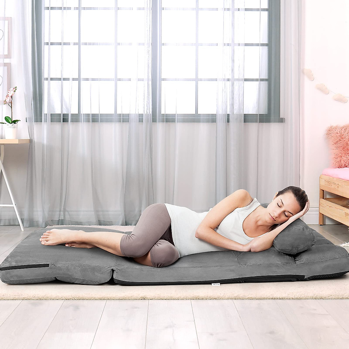 KOMFOTT Adjustable Floor Sofa Bed, Foldable Lazy Sofa Sleeper Bed with 6 Position Backrest & 2 Pillows, Convertible Futon Couch Bed with Suede Cloth Cover, Lounge Recliner for Living Room