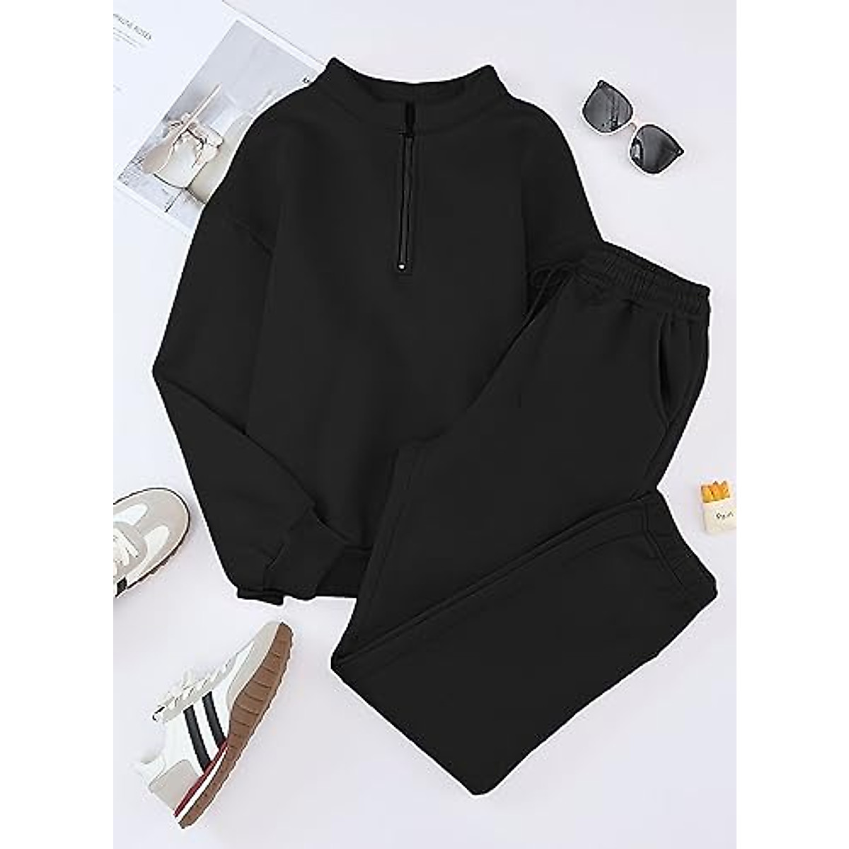 Aleumdr Womens 2 Piece Sweatsuit Sets 2023 Fall Trendy Half Zip Pullover Long Sleeve Sweatshirt Jogger Pants Outfits with Pockets Black XX-Large