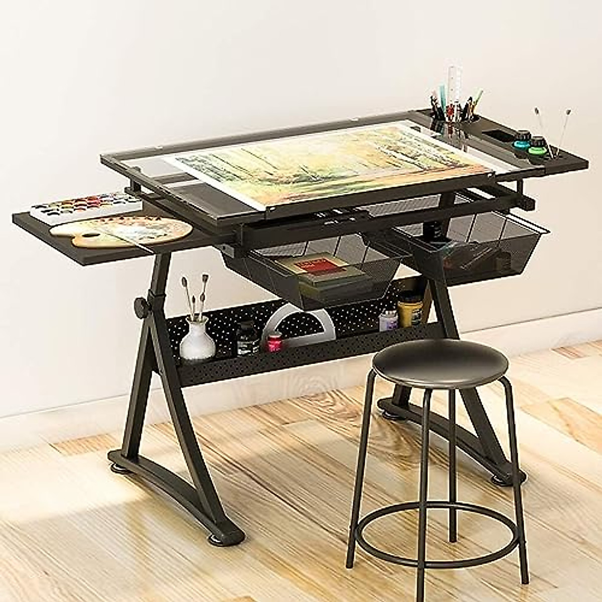 XiVue Drafting Table with Storage, Height Adjustable Tiltable Art Desk, Glass Panel Drawing Desk, for Work Study Painting Craft Table