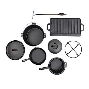 Lot45 Dutch Oven Camping Cooking Set 7pc Cookware - Cast Iron Griddle, 4.5qt Dutch Oven, Frying Pan, 2.5qt Sauce Pan
