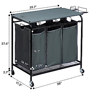 ALIMORDEN 3 laundry basket sorter with foldable ironing board,Removable Bag 3 laundry basket sorter with wheels Dark Grey