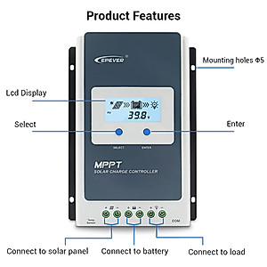 EPEVER 40A Solar Charge Controller MPPT 12V / 24V Auto Max.PV 100V Input Negative Ground Solar Panel Charge Regulator with MT50 Remote Meter Temperature Sensor RTS & PC Communication Cable RS485