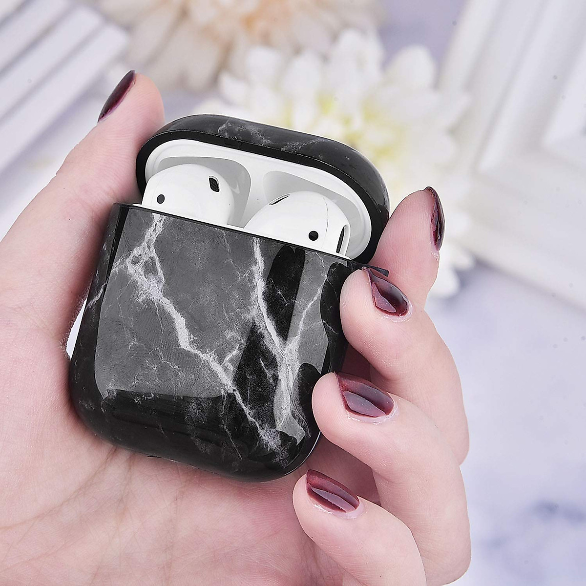 CAGOS for Airpod Case, Cute Marble Protective Hard Cover with Keychain Compatible with Apple Airpods 2nd/1st Generation Case for Women Men, Black