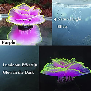 Livfodrm Aquarium Decorations Fish Tank Decor Glowing Coral Ornaments, 1pc Purple Silicone Flower Plants and 10pcs Sea Shells/Stone Glow in The Dark Large Fish Tank Accessories