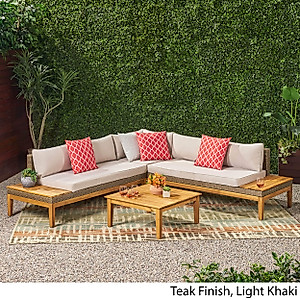 GDFStudio Outdoor Acacia Wood and Wicker 5 Seater Sectional Sofa Set with Water-Resistant Cushions, Teak and Light Khaki