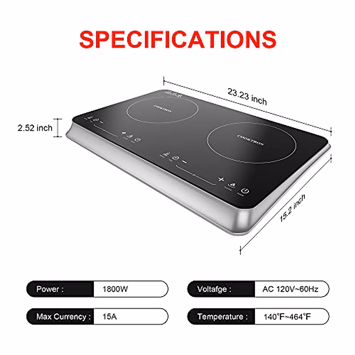 COOKTRON Double Induction Cooktop Burner with Fast Warm-Up Mode, 1800w 2 Induction Burner with 10 Temperature 9 Power Settings, Portable Dual Induction Cooker Cooktop with Child Safety Lock & Time