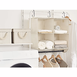 StorageWorks Hanging Closet Organizer with Garment Rod, 4 Section Closet Hanging Shelves, Hanging Clothes Cube Organizer, White & Ivory, 12 ¼" D x 24 ½" W x 28" H