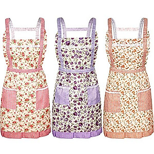Syhood 3 Pieces Kitchen Floral Aprons Soft Flower Aprons Women Chef Aprons Adjustable Cooking Aprons with Pockets for Kitchen Cooking Baking Gardening Household Cleaning Supplies, 3 Colors
