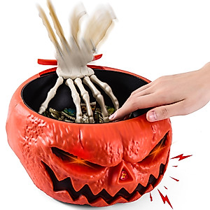 NEXIHOO Animatronic Halloween Candy Bowl - Pumpkin Bowl Halloween Decor Touch Activated with Creepy Sound,Moving Skeleton Hand, Light Up Animated Eyes, Scary Candy Dish for Halloween Party Decoration