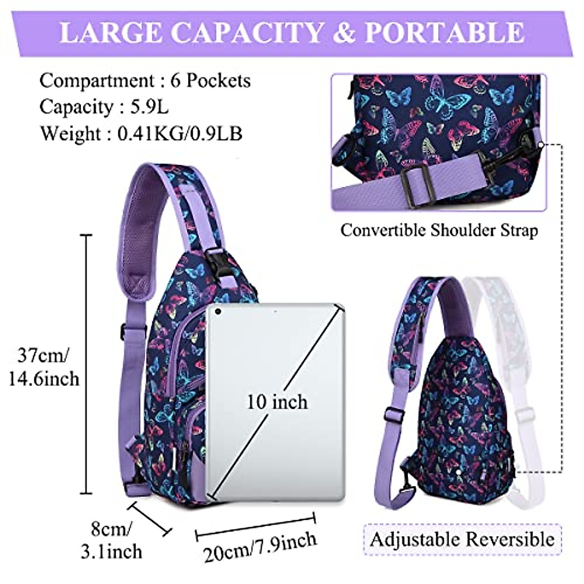 VASCHY Sling Bag for Women, One Strap Anti-theft Shoulder Crossbody Small Backpack Chest Bag for Hiking/Travel Butterfly