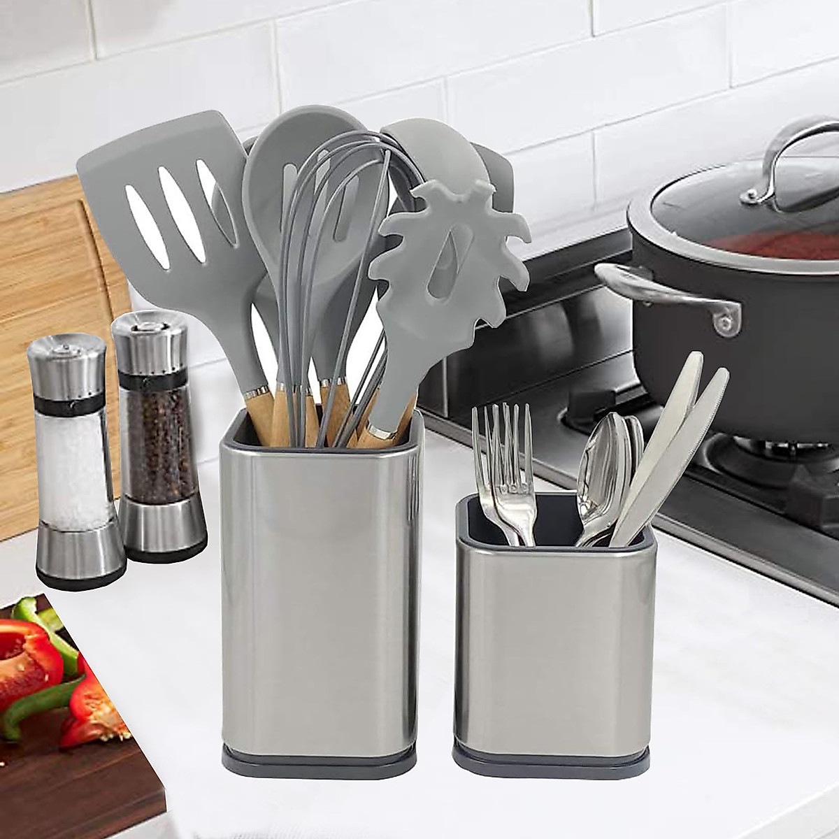 WSKC 2PC Kitchen Utensil Holder Flatware Caddy Stainless Steel
