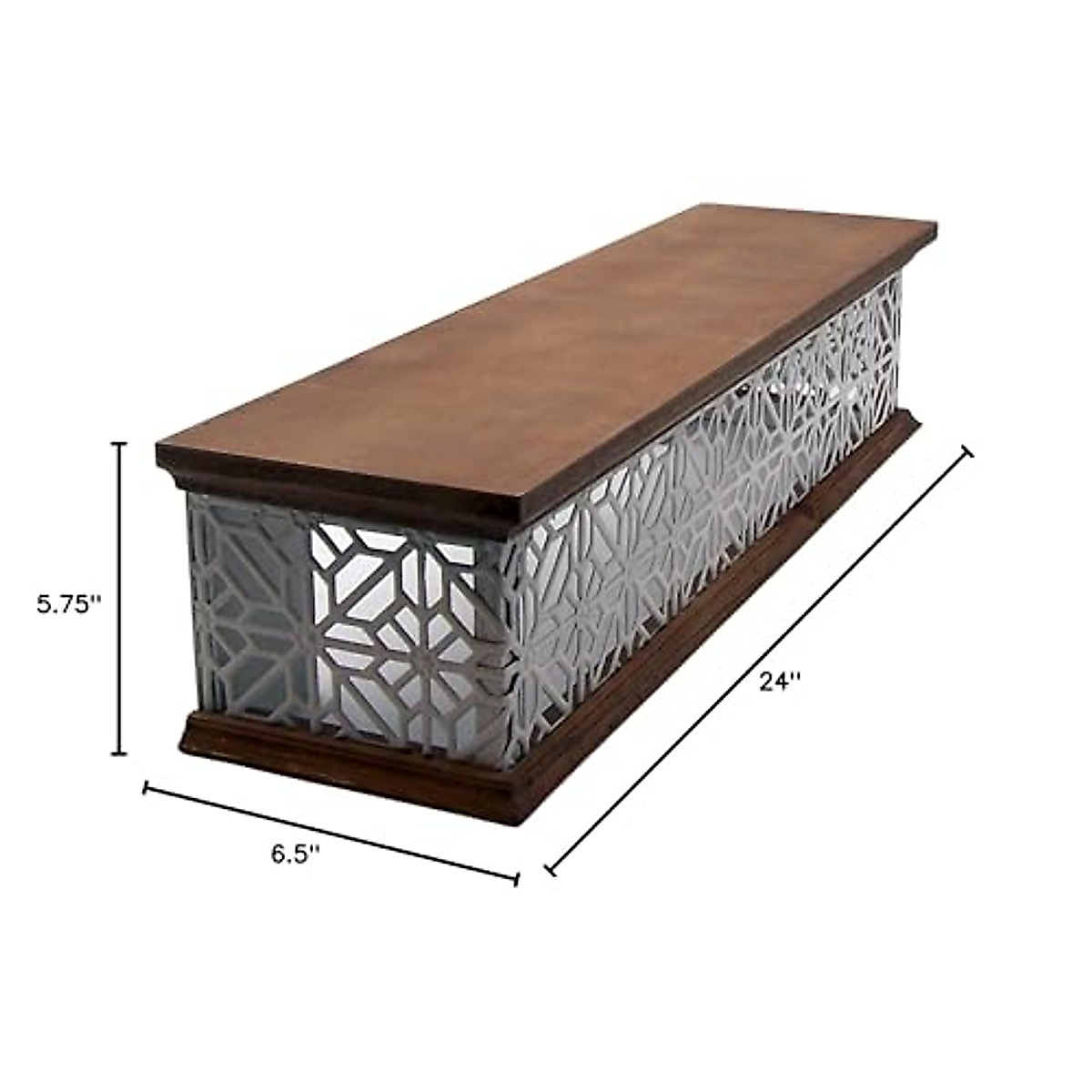 VIP Home and Garden Wooden Floating Shelf with Metal Embossed Lattice, Wall Mounted, Farmhouse Décor, 24 Inches, White, Brown, 24inch L x 6.5inch W x 5.75inch H