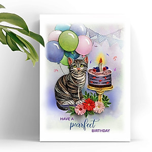 TUMYBee - Have a Purrfect Birthday Cat Card, 5in x 7in, Blank Inside, Envelope Included