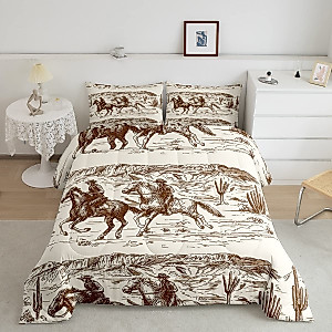 Erosebridal Western Comforter Set Twin Size Cowboy Bedding Set American Wild West Desert Hand Drawn Illustration Down Comforter Country Theme Bedroom Decor Duvet Set for Boys Men Teens