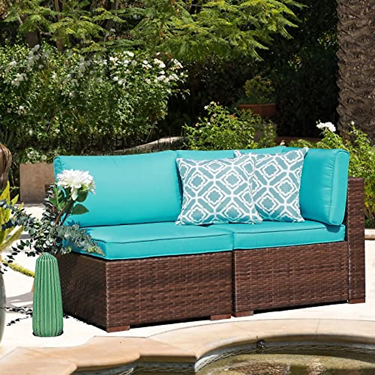 OC Orange-Casual 2 Piece Patio Sectional Furniture Set Outdoor Armchair & Middle Sofa with Brown Wicker & Turquoise Cushion for Backyard, Poolside, Garden