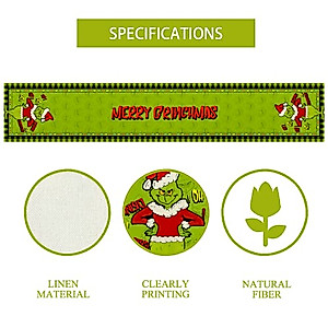 FARMNALL Linen Green Christmas Table Runner Merry Grinchmas Tablecloth Christmas Xmas Winter Holiday Home Kitchen Table Decorations 13x72 Inch
