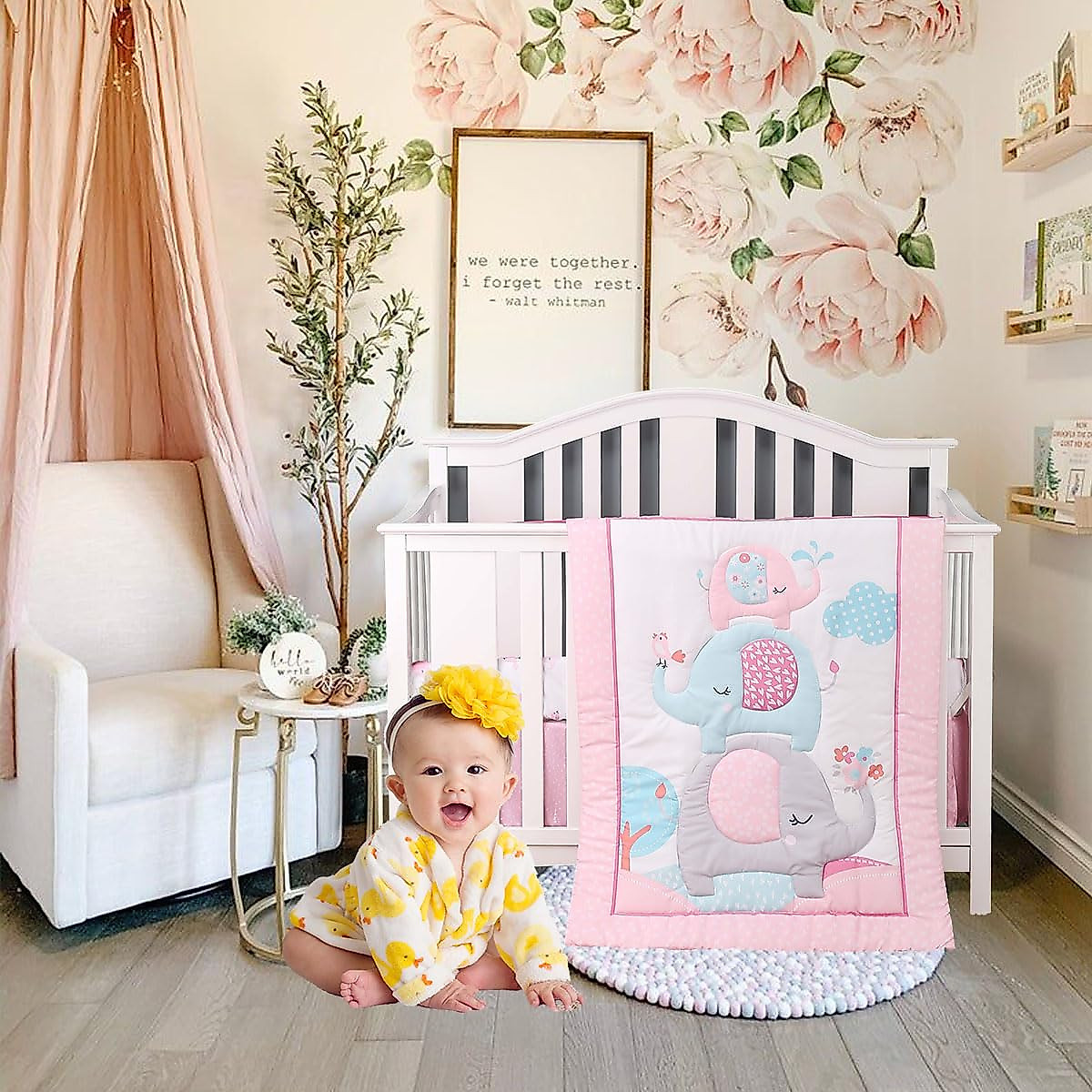 Brandream Pink Grey Elephant Crib Bedding Sets for Baby Girls | 3 Piece Nursery Set | Crib Comforter, Fitted Crib Sheet, Crib Skirt Included with Exotic Floral Design