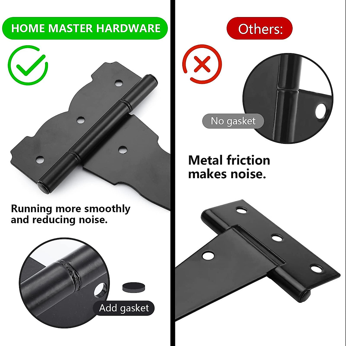 HOME MASTER HARDWARE 8 in Heavy Duty Decorative T Strap Hinge Rustproof Iron Black Gate Hinge,Tee Hinges for Storage Sheds, Gates Barns with Screws (4 Pack)