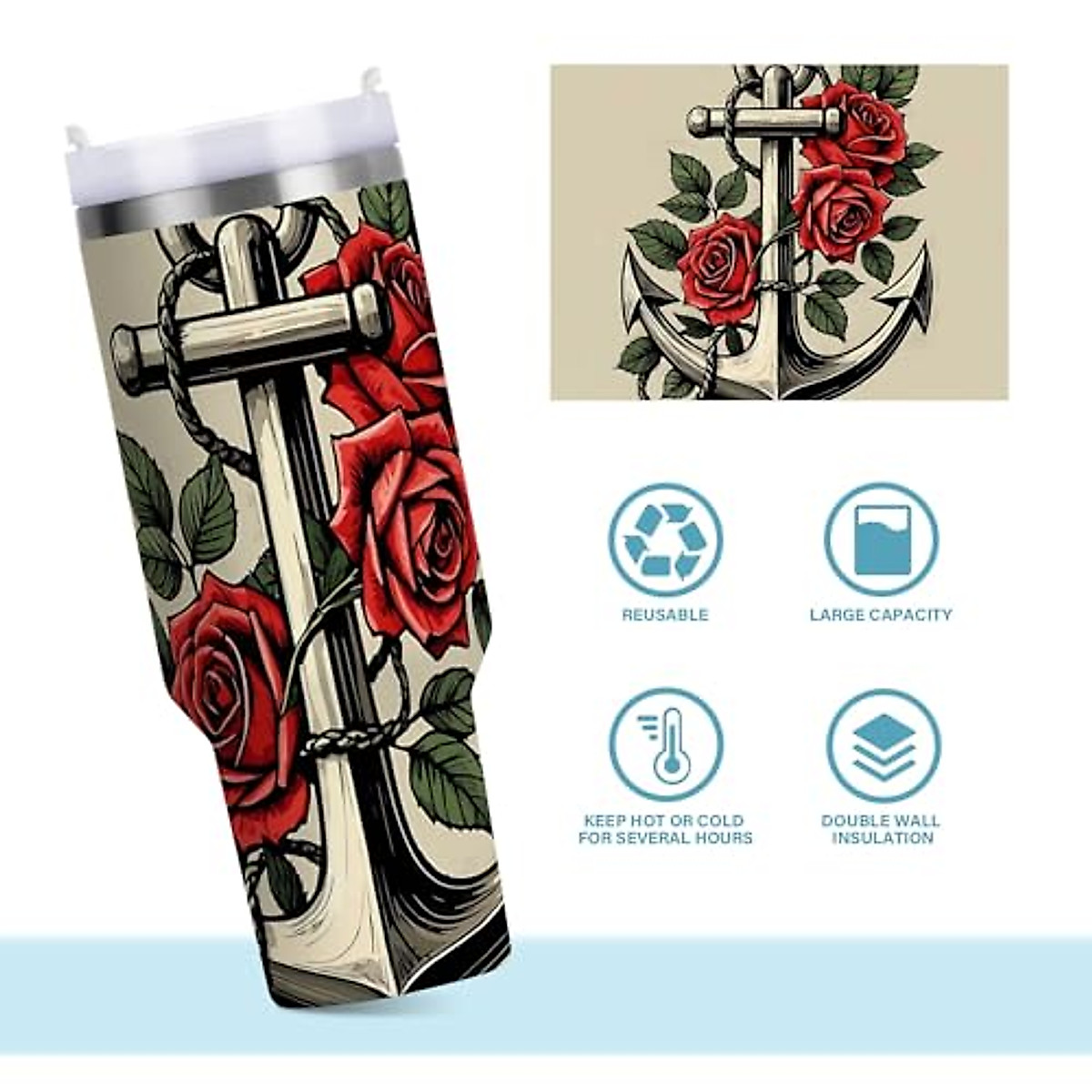 Nexawaveo Mooring Rose Beige Tumbler With Handle And Straw 30-40oz Insulated Tumbler Cups With Lid Stainless Steel for Cold Water and Drinks for School Work Sports Car Travel and Weekends