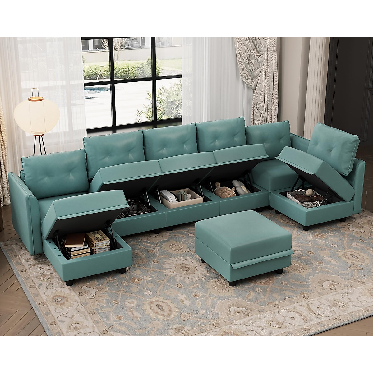 LLappuil Modular Sectional Sofa with Reversible Chaise, U Shaped Couch with Storage, Modern Faux Leather Fabric Sofa with Ottoman, Oversized Sectionals for Living Room, 8 Seat, Aqua Blue