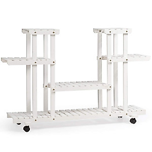 S AFSTAR Wooden Flower Rack with Wheels, 4-Tier Plant Stand, Multifunctional Bonsai Display Shelf for Living Room Balcony Patio Yard (White)