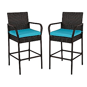 Kinsunny 2 PCs Patio Wicker Rattan Bar Stools Bistro Set Tall Stools Chair All Weather Outdoor Furniture Barstool with Cushions and Armrest, Brown