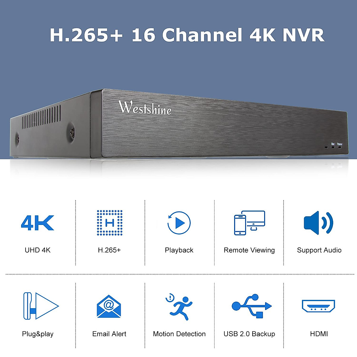 Westshine 4K NVR 16-Channel Surveillance Network Video Recorder, 16CH 4K/5MP/4MP/3MP/1080P NVR for Home Security CCTV System, Supports up to 16 x 4K IP Cameras, P2P Remote View(Hard Disk Not Included)