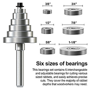 XDENGP Rabbet Router Bit Set 1/4 Shank, Rabbeting Router Bits 1pcs with 6 Bearings for Interchangeable and Adjustable Multi Depths Cutter 1/8", 1/4", 5/16", 3/8", 7/16", 1/2"