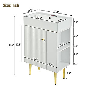 JUOFONE 21.6" White Bathroom Vanity with Sink Combo, Modern Bathroom Cabinet with Door, Freestanding Single Bathroom Vanity Set with Open Shelves (White_ Shelf on The Right)